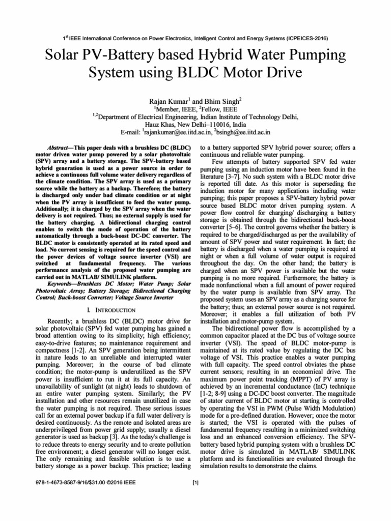 Solar PV-Battery Based Hybrid Water Pumping System Using BLDC Motor ...