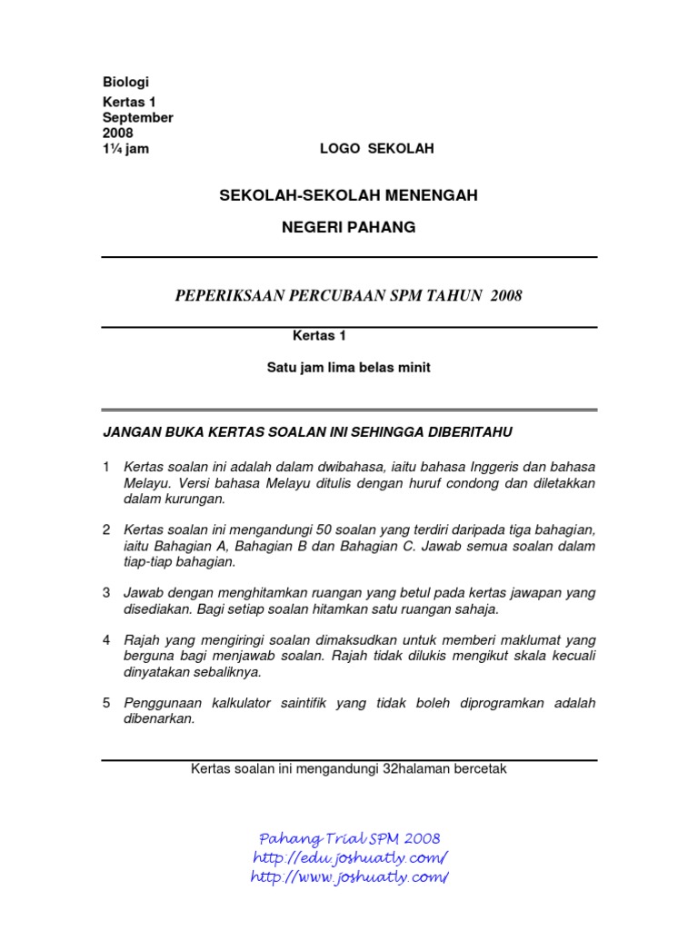 Biology Trial Pahang SPM 2008 Com | PDF