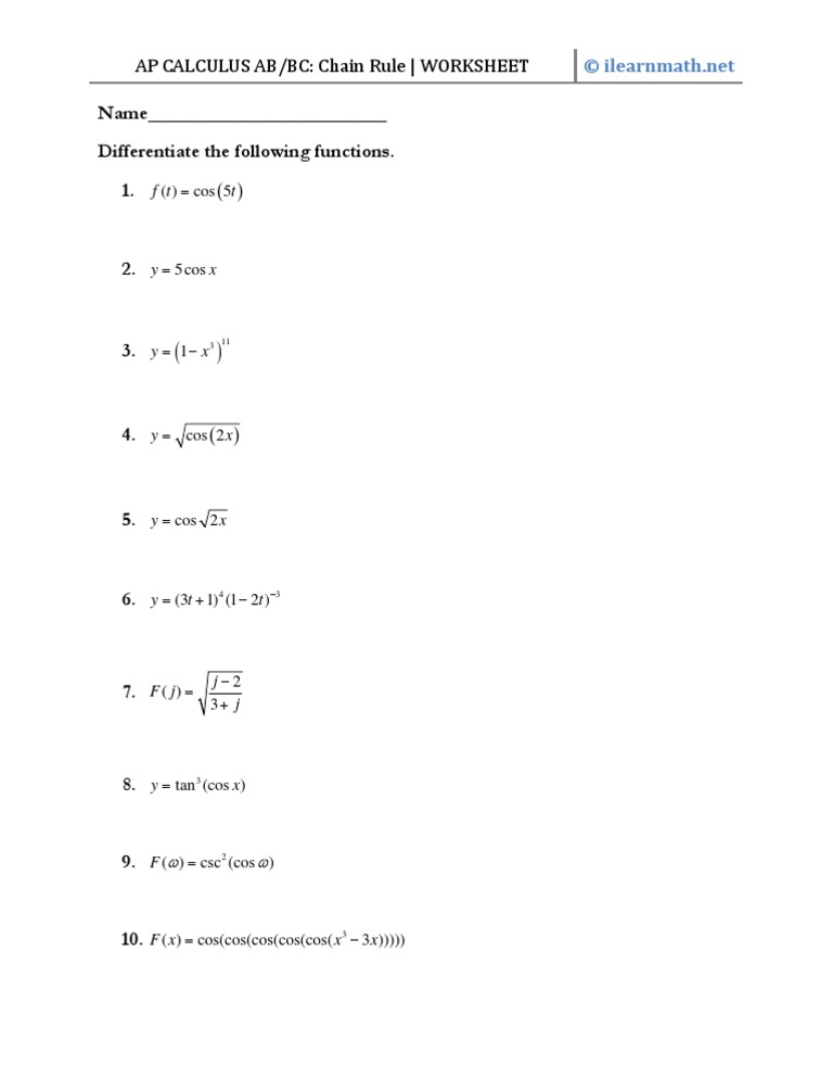 Chain Rule Worksheet - 2010 - 2011 - Ap Calculus Ab/bc | PDF | Computers
