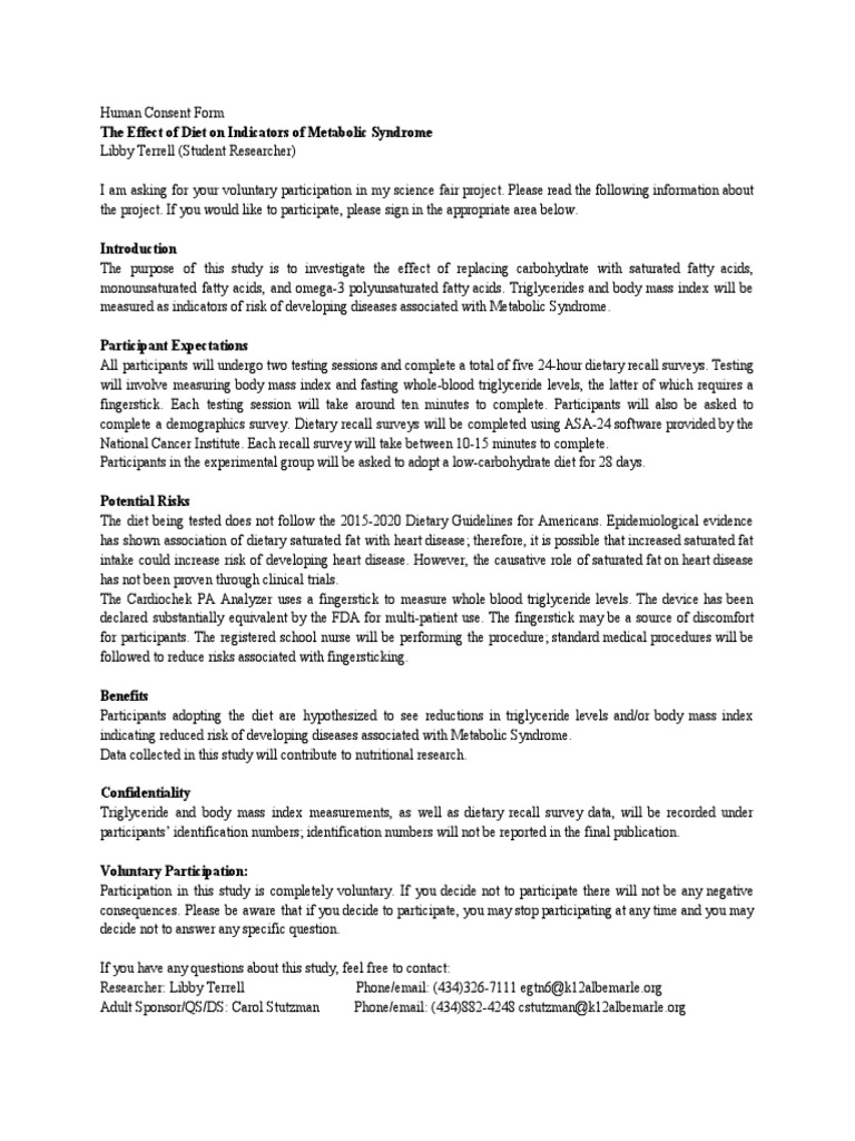 Irb Human Consent Form | PDF | Saturated Fat | Diet & Nutrition