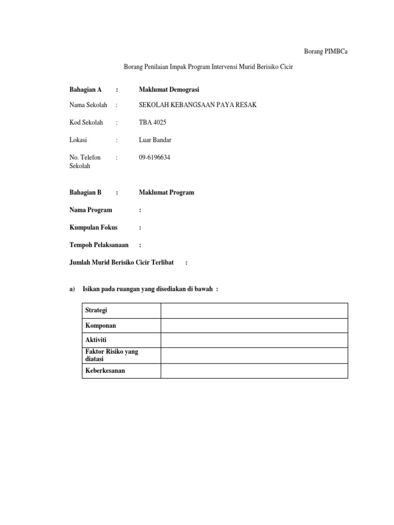 Borng Penilaian Impak Prog Imtervensi Murid Berisiko Cicir 2018 | PDF
