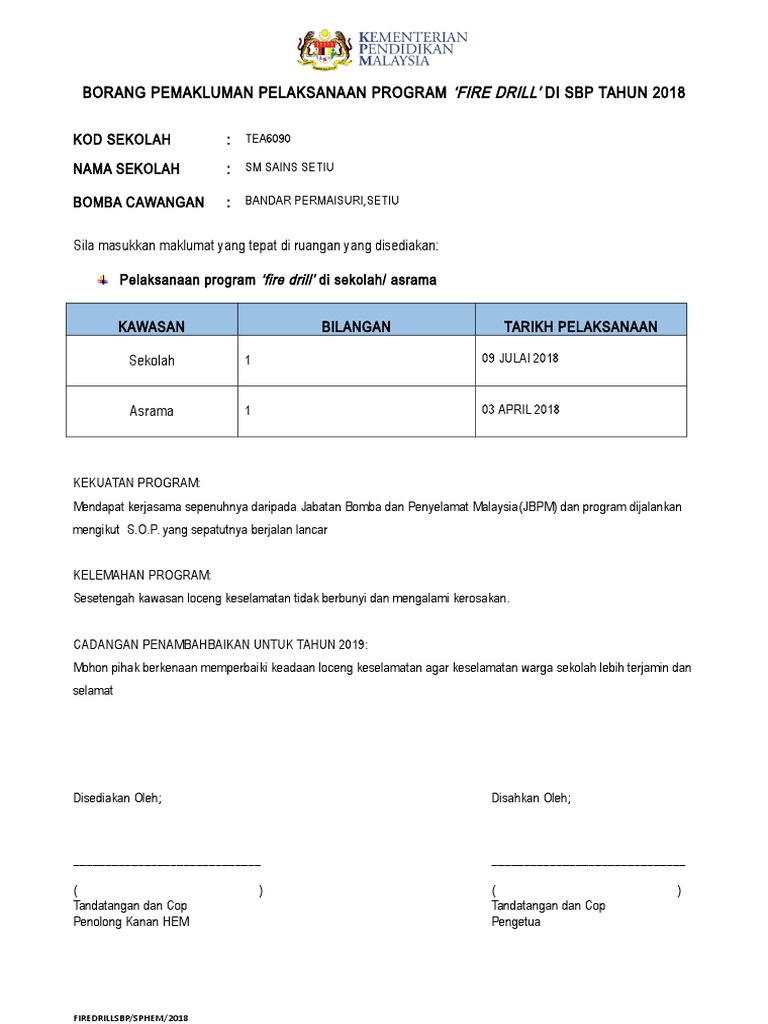 Borang Pelaksanaan Program Fire Drill - Docsm Sains Setiu | PDF