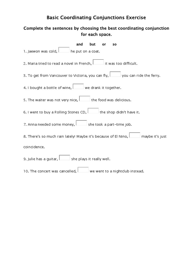 Basic Coordinating Conjunctions Exercise | PDF