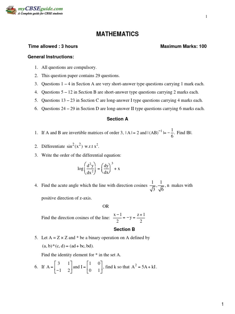 Mathematics: Time Allowed: 3 Hours Maximum Marks: 100 General ...