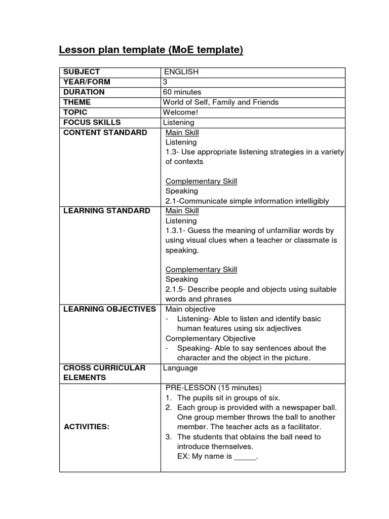 Lesson Plan Template (Moe Template) : Subject Year/Form Duration Theme ...