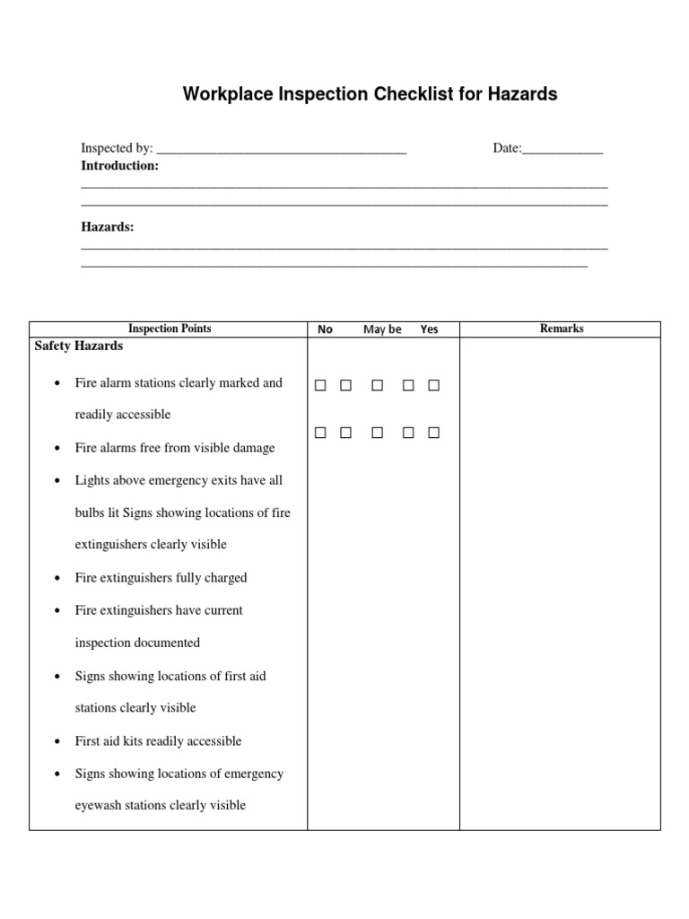 Workplace Inspection Checklist For Hazards | PDF