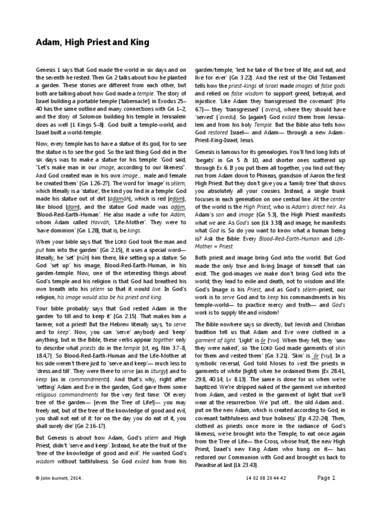 Adam, High Priest and King | PDF | Adam | Book Of Genesis