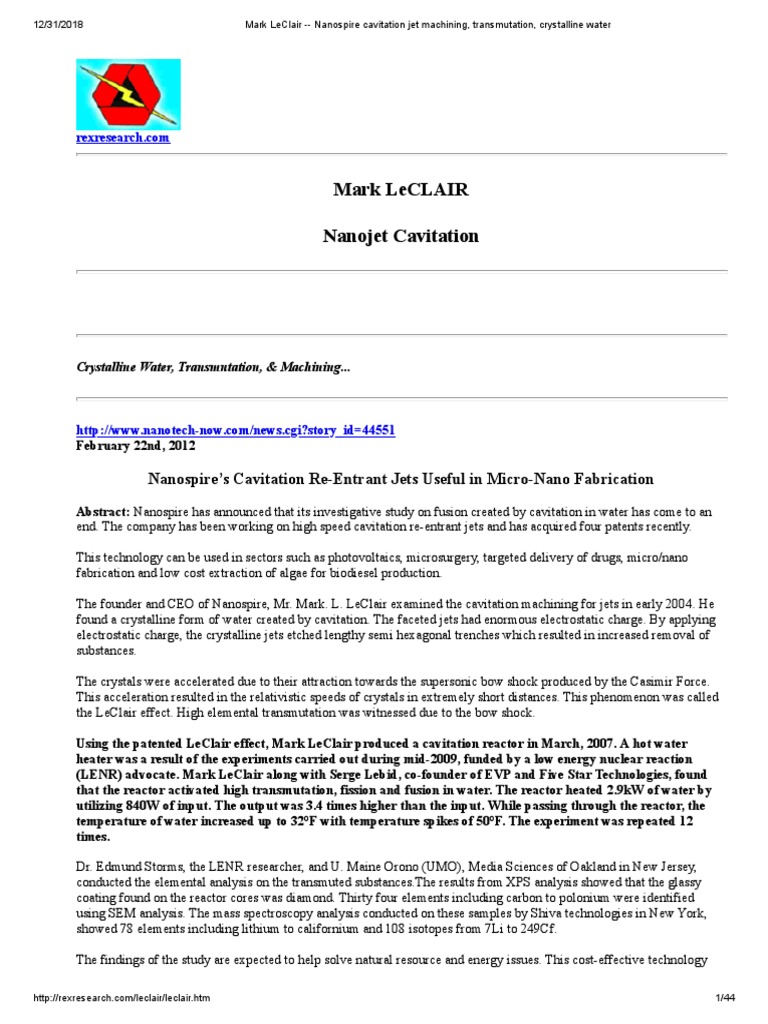 Mark LeClair - Nanospire Cavitation Jet Machining, Transmutation ...