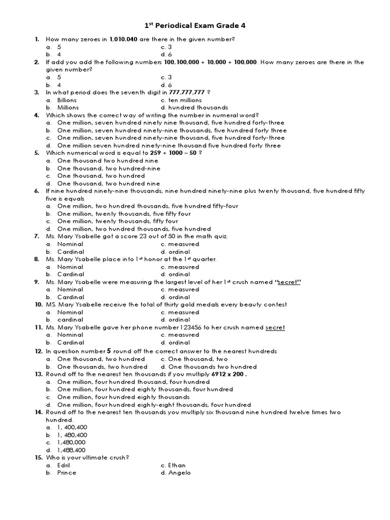 1st Periodical Exam Grade 4 | PDF | Numbers | Mathematical Notation