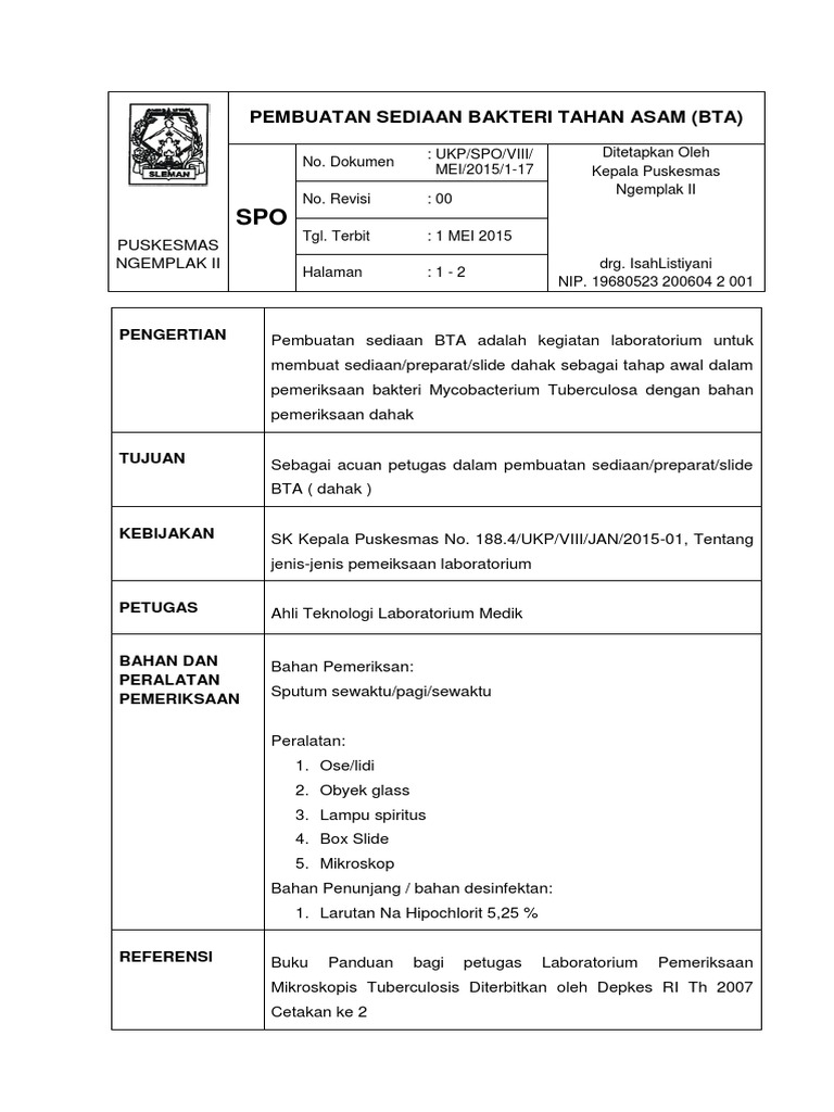Prosedur Pembuatan Sediaan BTA | PDF
