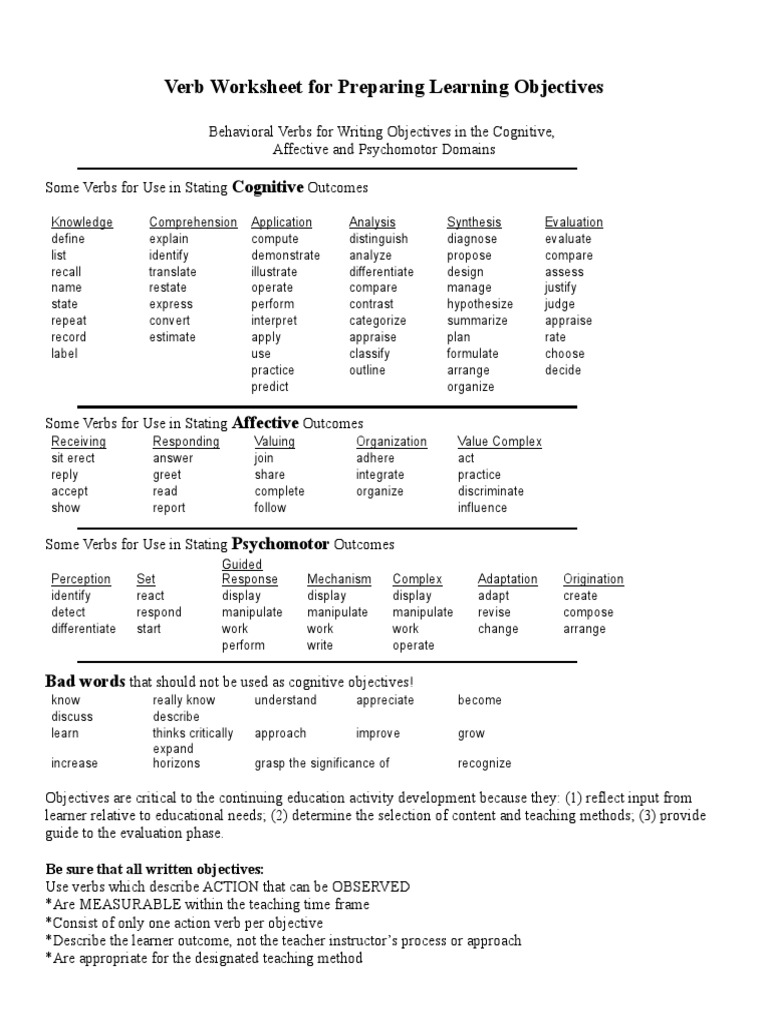 Verb Worksheet For Preparing Learning Objectives | PDF | Reading ...