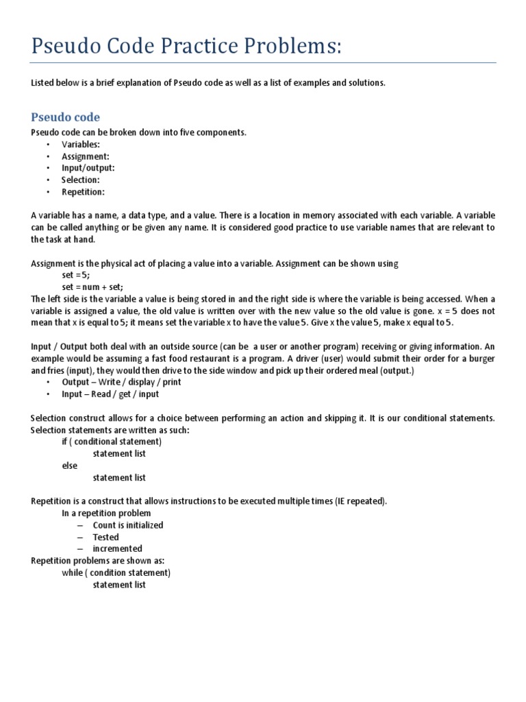 Pseudo Code Practice Problems and Solutions | PDF | Variable (Computer ...