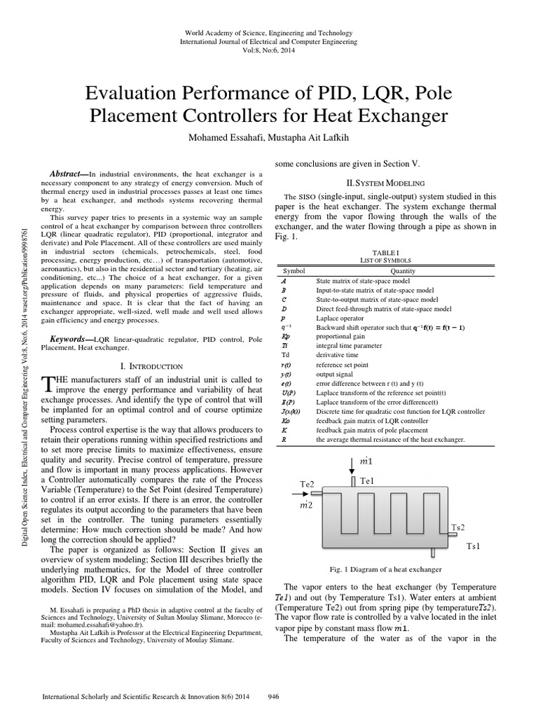 Evaluation Performance of PID LQR Pole Placement Controllers For Heat Exchanger | PDF | Control ...