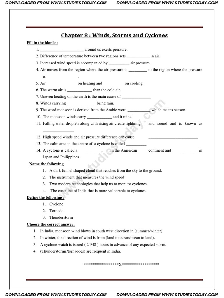 Chapter 8: Winds, Storms and Cyclones: Fill in The Blanks | PDF ...
