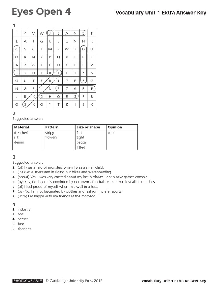 Unit 1 - Vocabulary Extra Answer Key | PDF