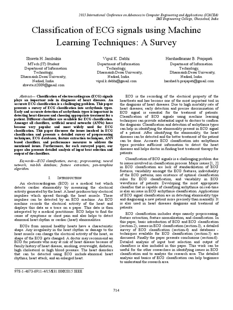 Classification of ECG Signals Using Machine Learning Techniques: A Survey | PDF ...