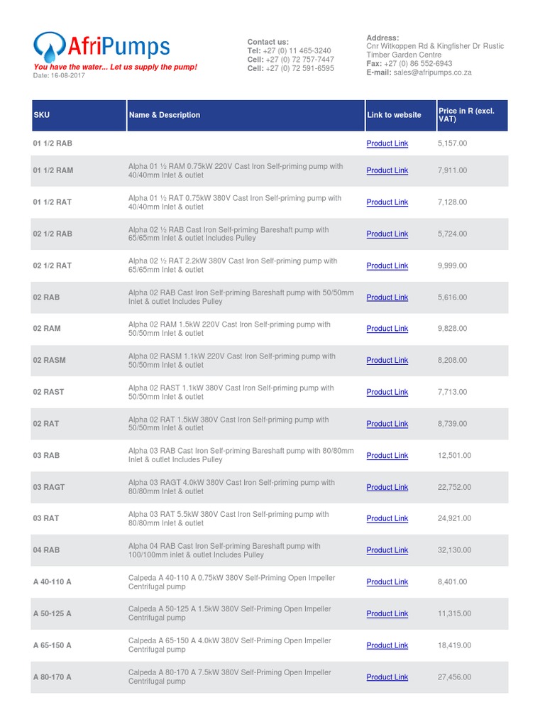 Afripumps Pricelist PDF | PDF | Pump | Machines