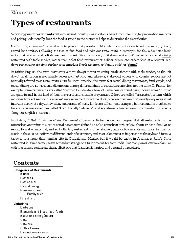 Types of Restaurants - Wikipedia | PDF | Food Retailing | Restaurants