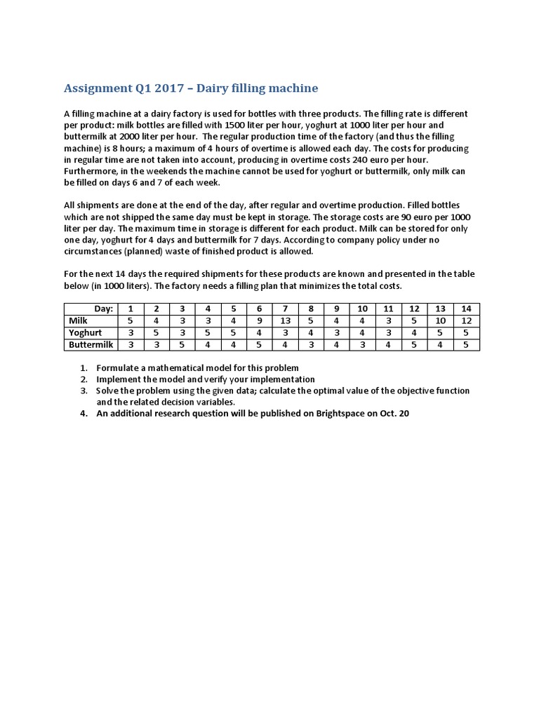 Assignment Q1 2017 - Dairy Filling Machine: Day: 1 2 3 4 5 6 7 8 9 10 ...