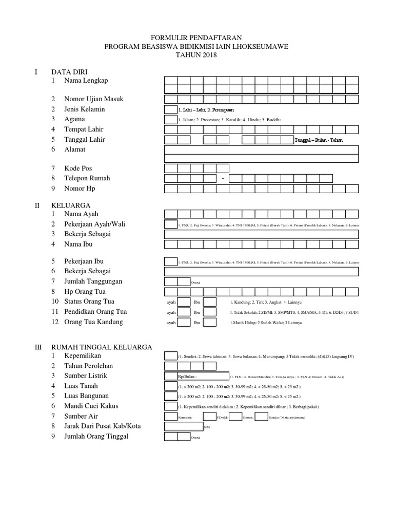 Formulir Pendaftaran Beasiswa Bidikmisi 2018 | PDF