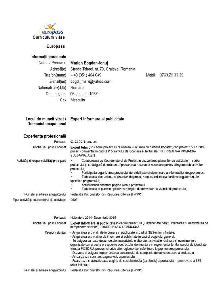 Model CV Europass completat