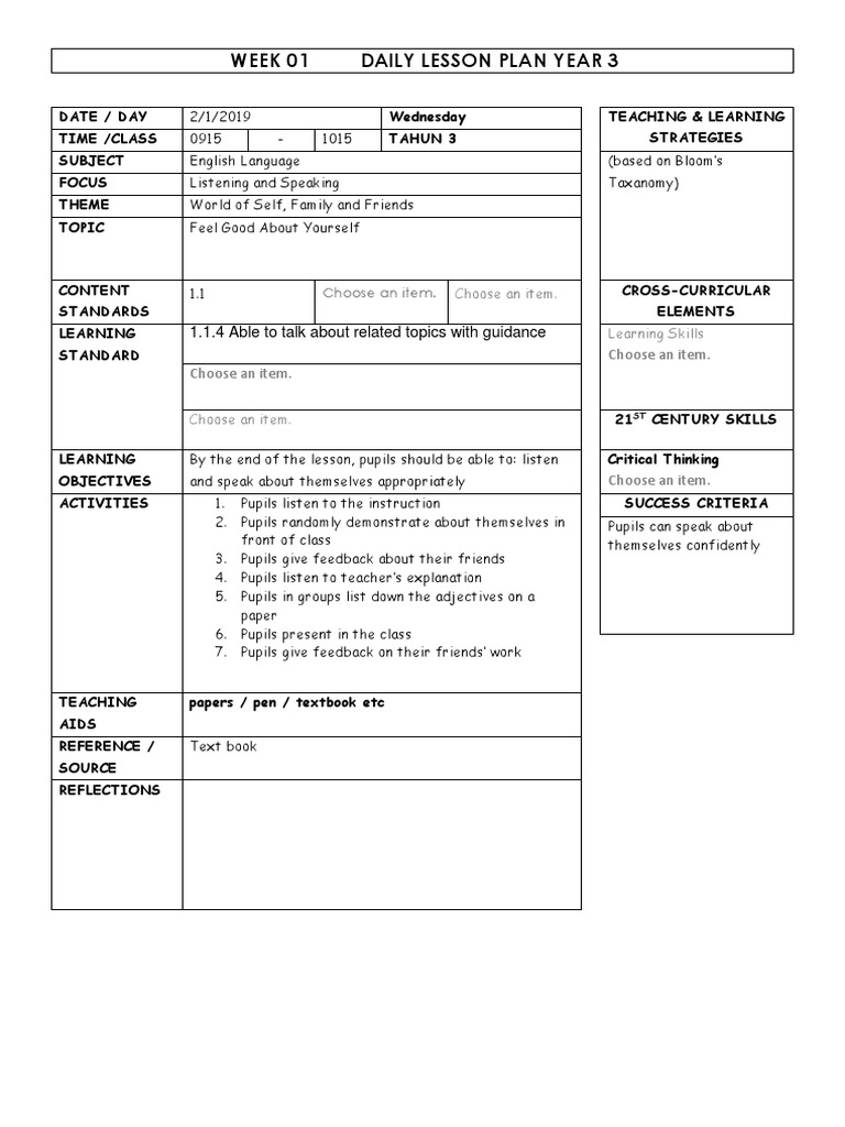 Week 01 Daily Lesson Plan Year 3: 1.1.4 Able To Talk About Related ...