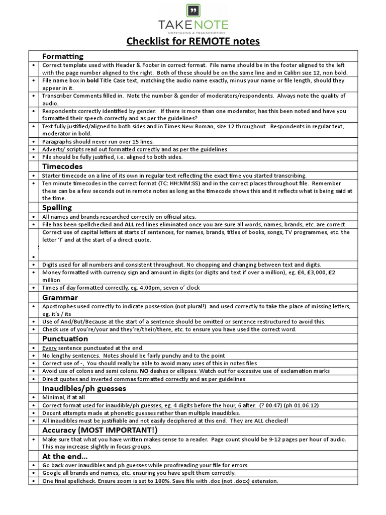 Checklist For REMOTE Notes: Formatting | PDF | Typography | Language ...