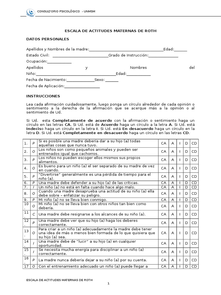 Familia - Escala de Actitudes Maternas de Roth - Protocolo y Corrección ...