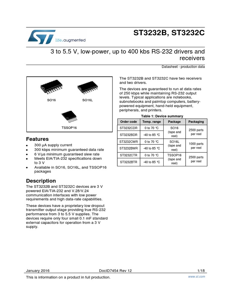 ST3232B, ST3232C: 3 To 5.5 V, Low-Power, Up To 400 Kbs RS-232 Drivers and Receivers | PDF ...