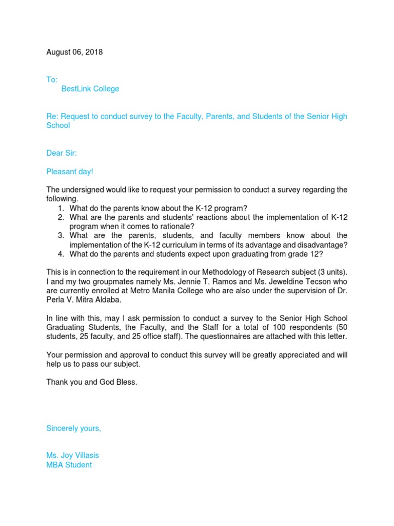 Survey Research Letter | PDF | Graduate School | Students