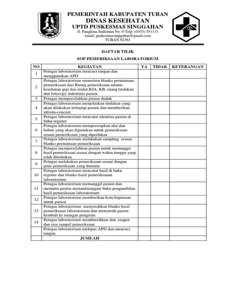 Daftar Tilik Sop Pemeriksaan Laboratrium | PDF