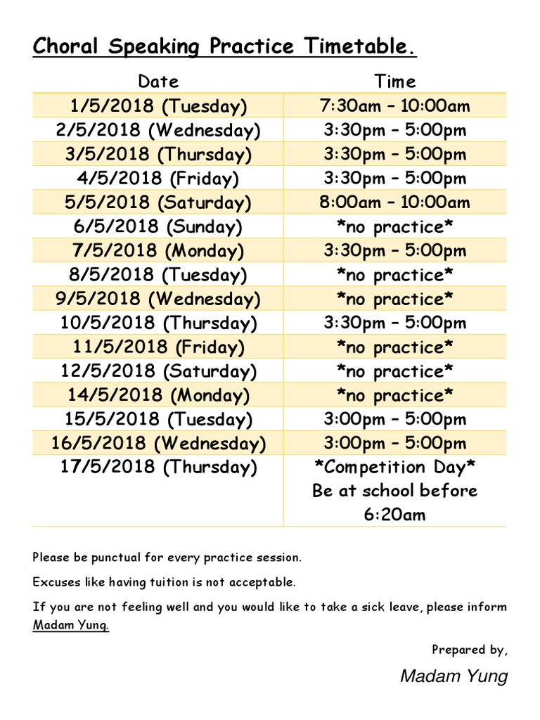 Choral Speaking Practice Timetable | PDF | Sports | Leisure