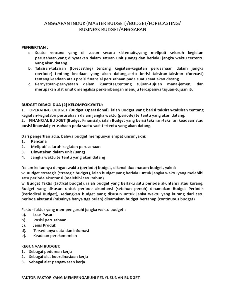 Pengertian dan Contoh Master Budget | PDF