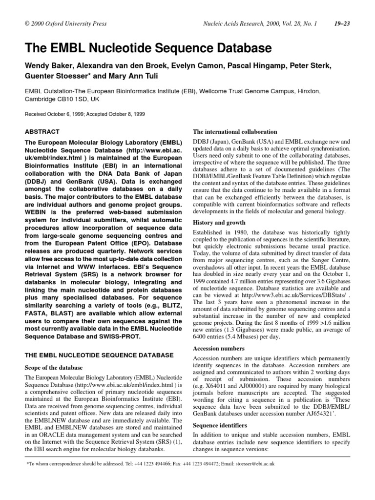 The EMBL Nucleotide Sequence Database | PDF | Gen Bank | Dna Sequencing