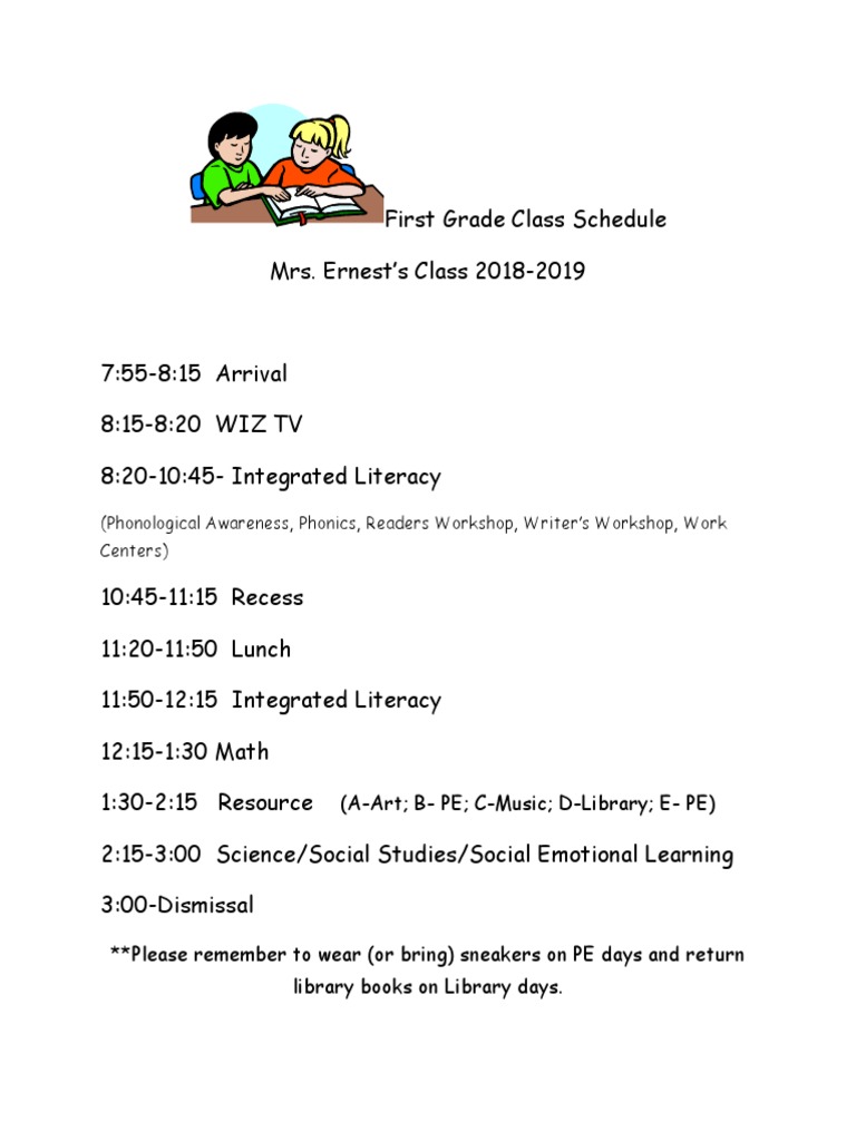 2018 First Grade Class Schedule | PDF | Language Arts & Discipline ...