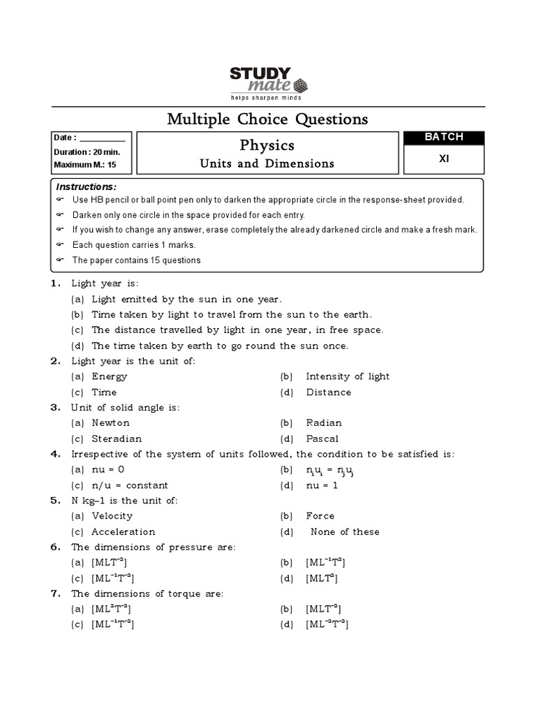 Class 11 Physics: Units & Measurements MCQs | PDF | Litre | Pressure