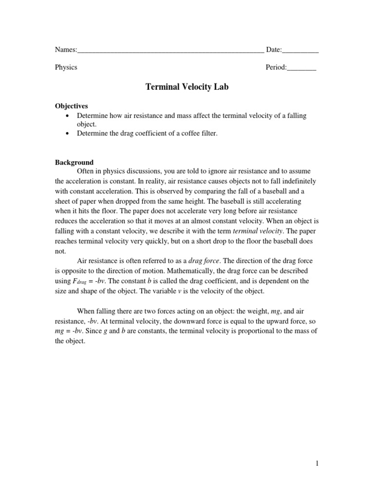 Terminal Velocity Lab: Objectives | PDF | Drag (Physics) | Velocity