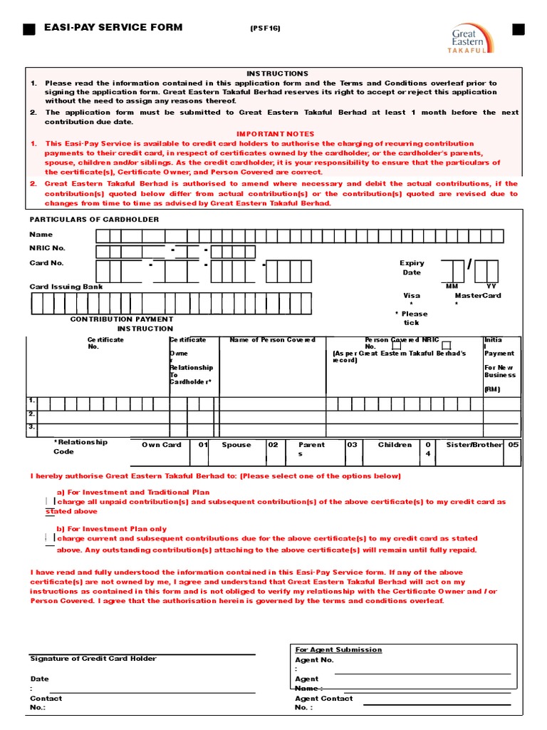 Easi-Pay Service Form (Takaful) | PDF | Credit Card | Debit Card