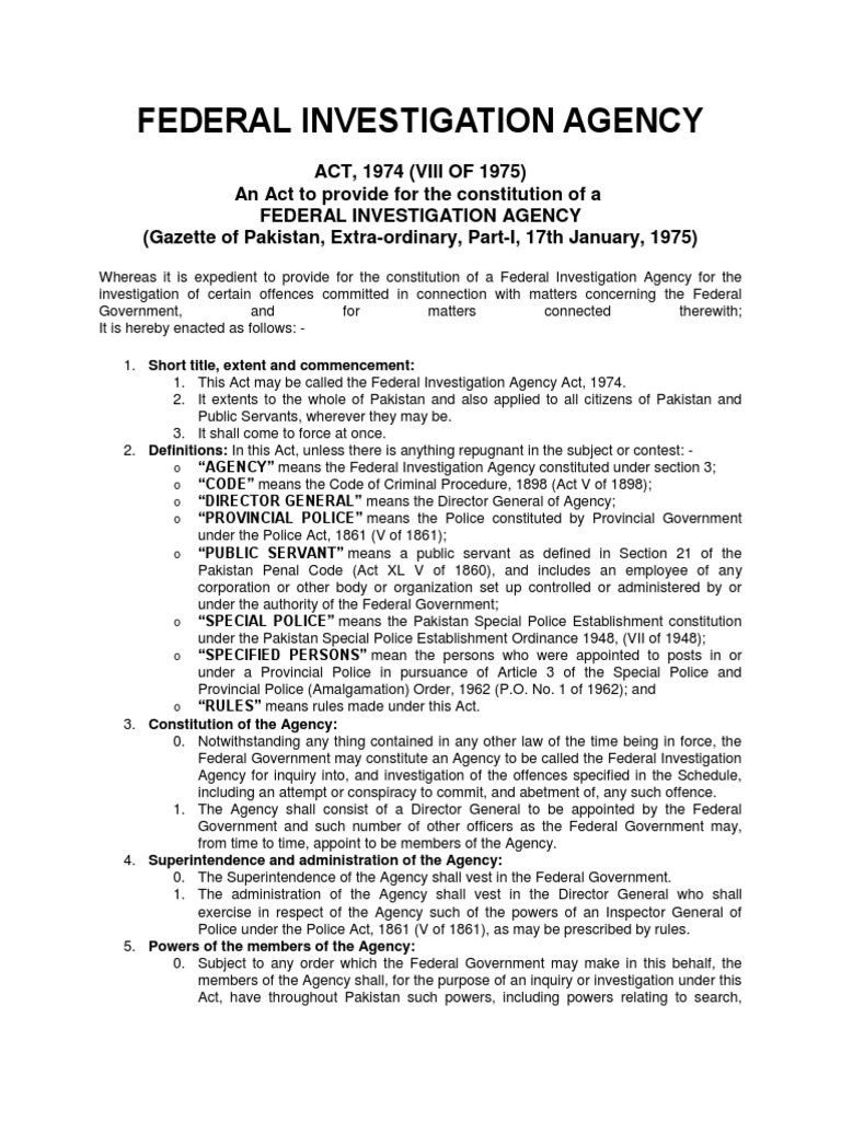 Federal Investigation Agency FIA ACT 1974 | PDF | Federal Government Of ...