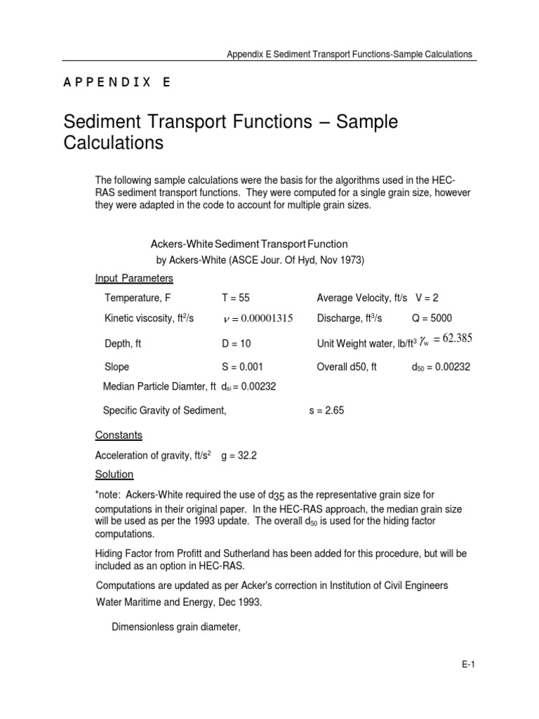 Sediment Transport Functions - Sample Calculations: Appendix E | PDF | Classical Mechanics ...