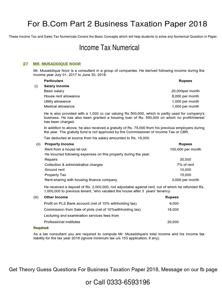 BCom Business Taxation Income Tax and Sales Tax Numerical 2018 ...