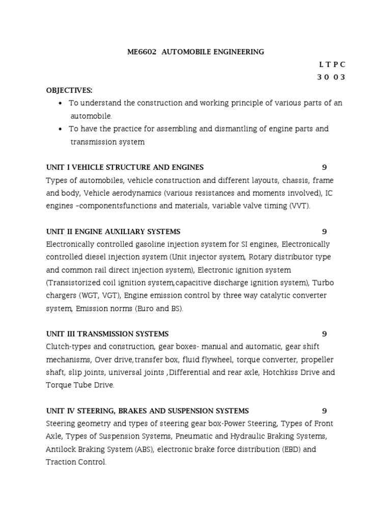 Me6602 Automobile Engineering Syllabus | PDF | Internal Combustion ...