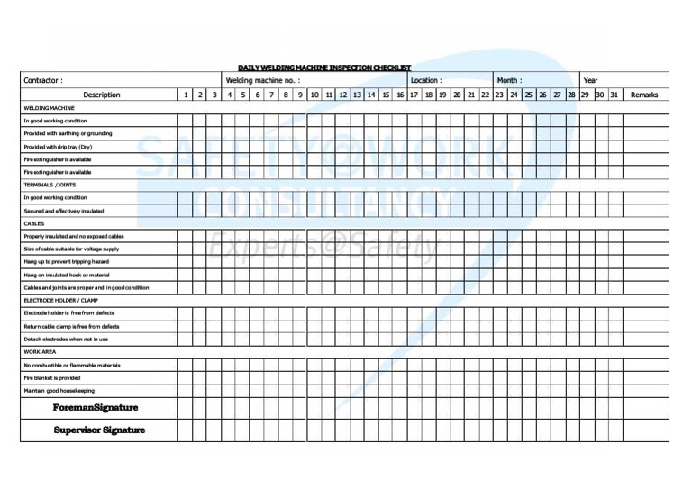 Daily Welding Machine Inspection Checklist | PDF | Fires | Welding