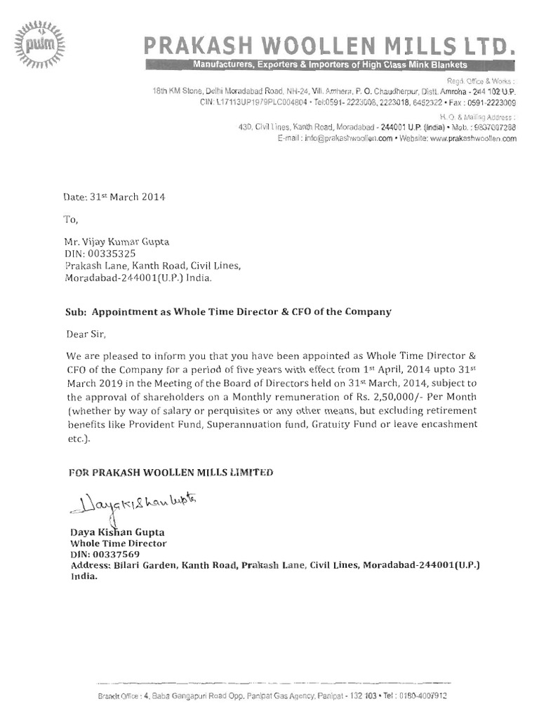 Appointment Letter of Directors | PDF | Board Of Directors | Government