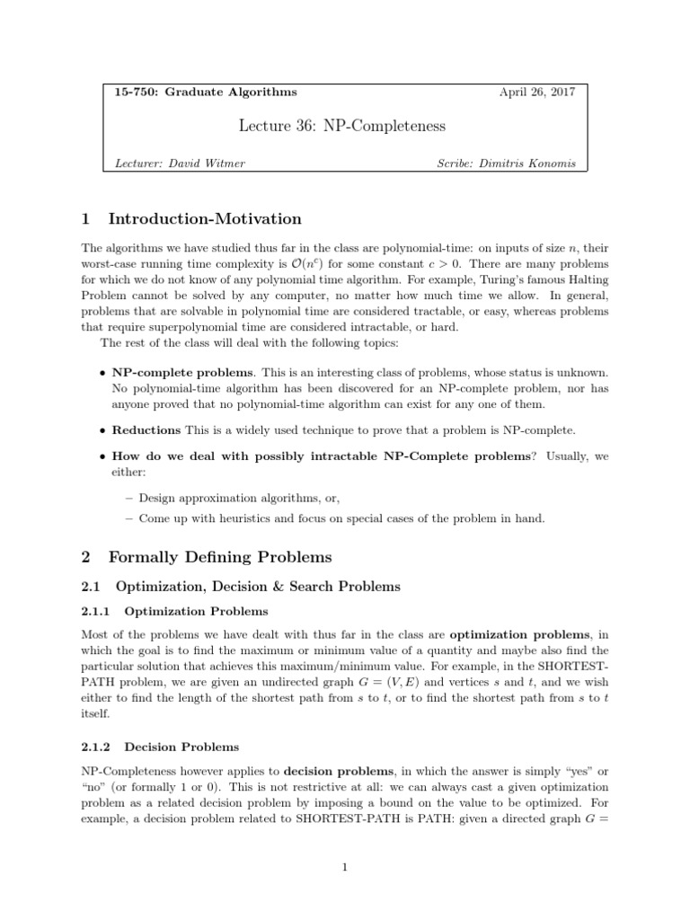 Lecture 36: NP-Completeness: 2.1 Optimization, Decision & Search Problems | PDF | Time ...