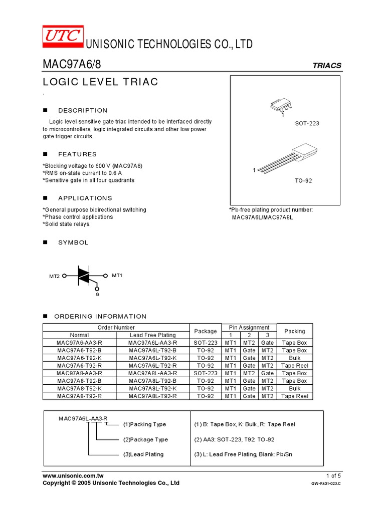 MAC97A8 Triac PDF | PDF | Computer Engineering | Electrical Equipment