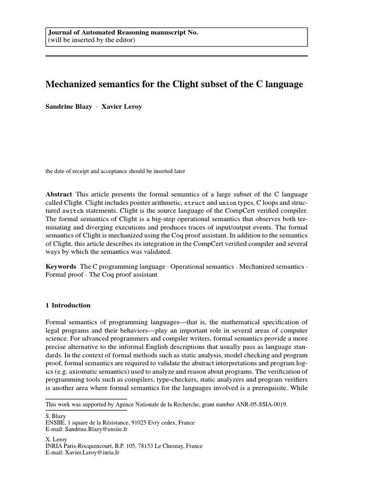 Mechanized Semantics For The Clight Subset of The C Language | PDF | C (Programming Language ...