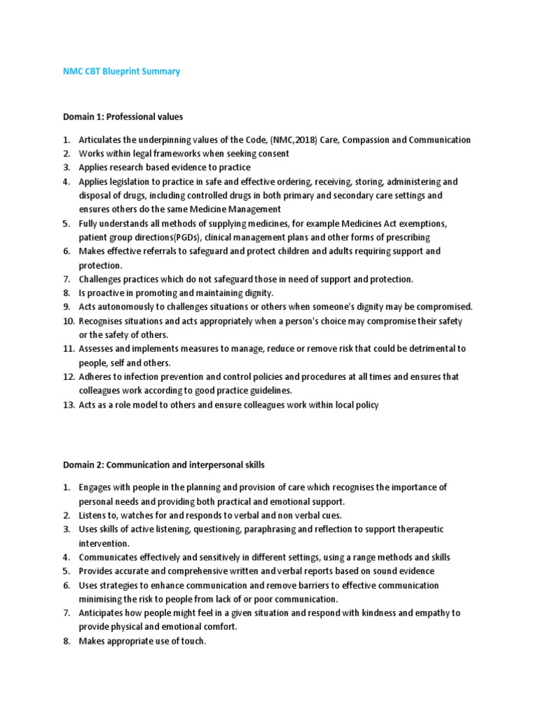 NMC CBT Blueprint Summary | PDF | Caregiver | Nursing