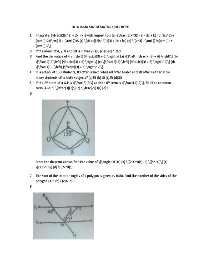 2016 Jamb Mathematics Questions Com | PDF | Pi | Geometry