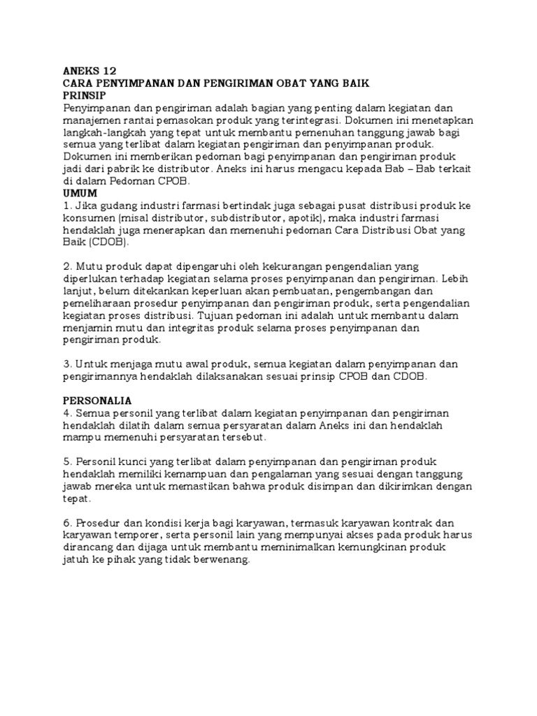 Aneks 12 Cara Penyimpanan Dan Pengiriman Obat Yang Baik Prinsip | PDF